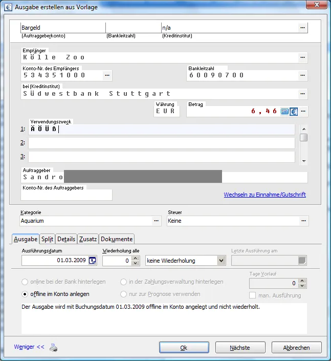 Sonderzeichen im Formular 'Ausgabe erstellen aus Vorlage ...